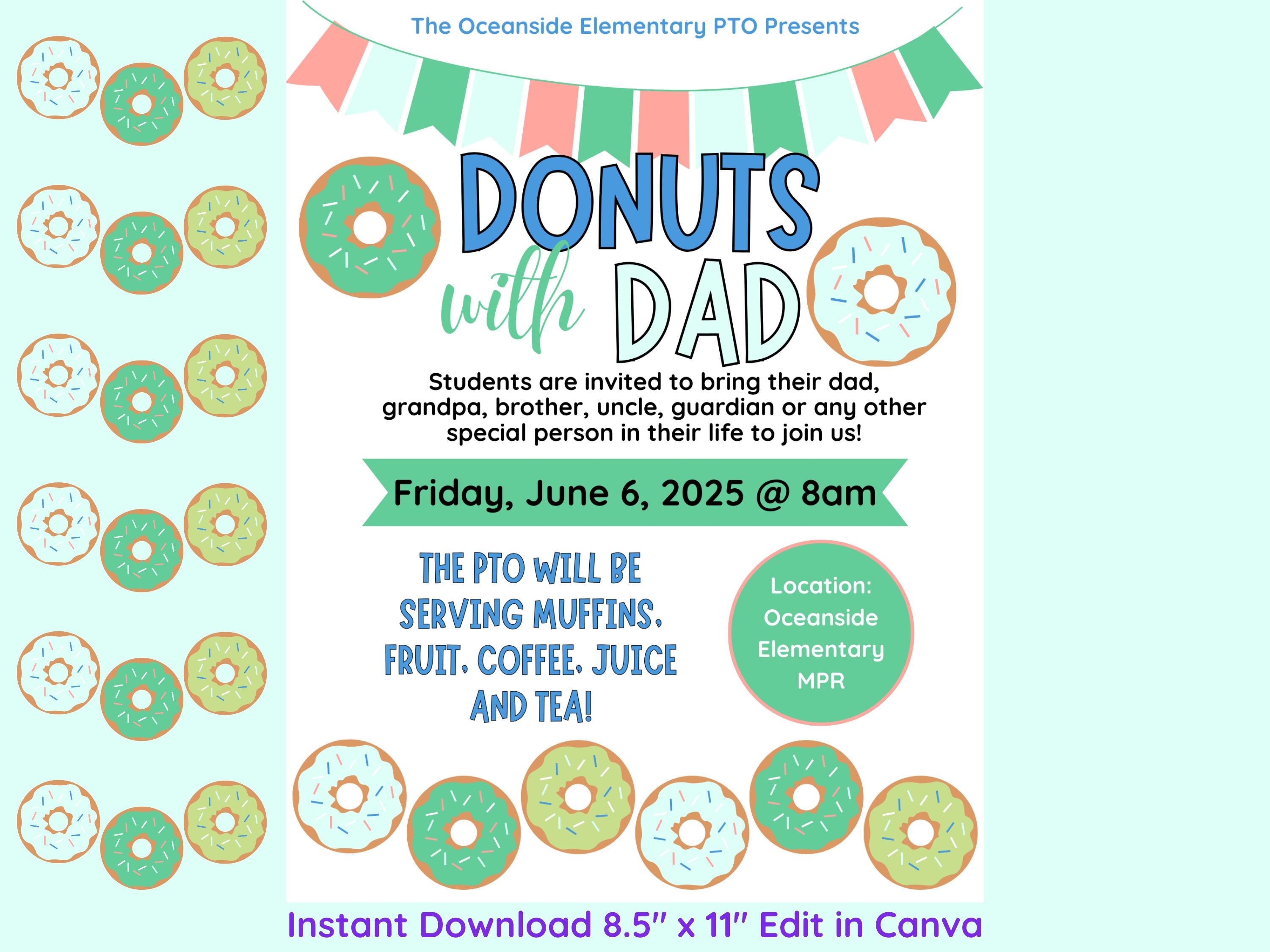 School Donuts With Dad Flyer Template PTA PTO Breakfast Event Family ...