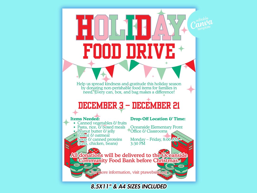 Christmas Food Drive Flyer Editable Canva Template School Holiday ...