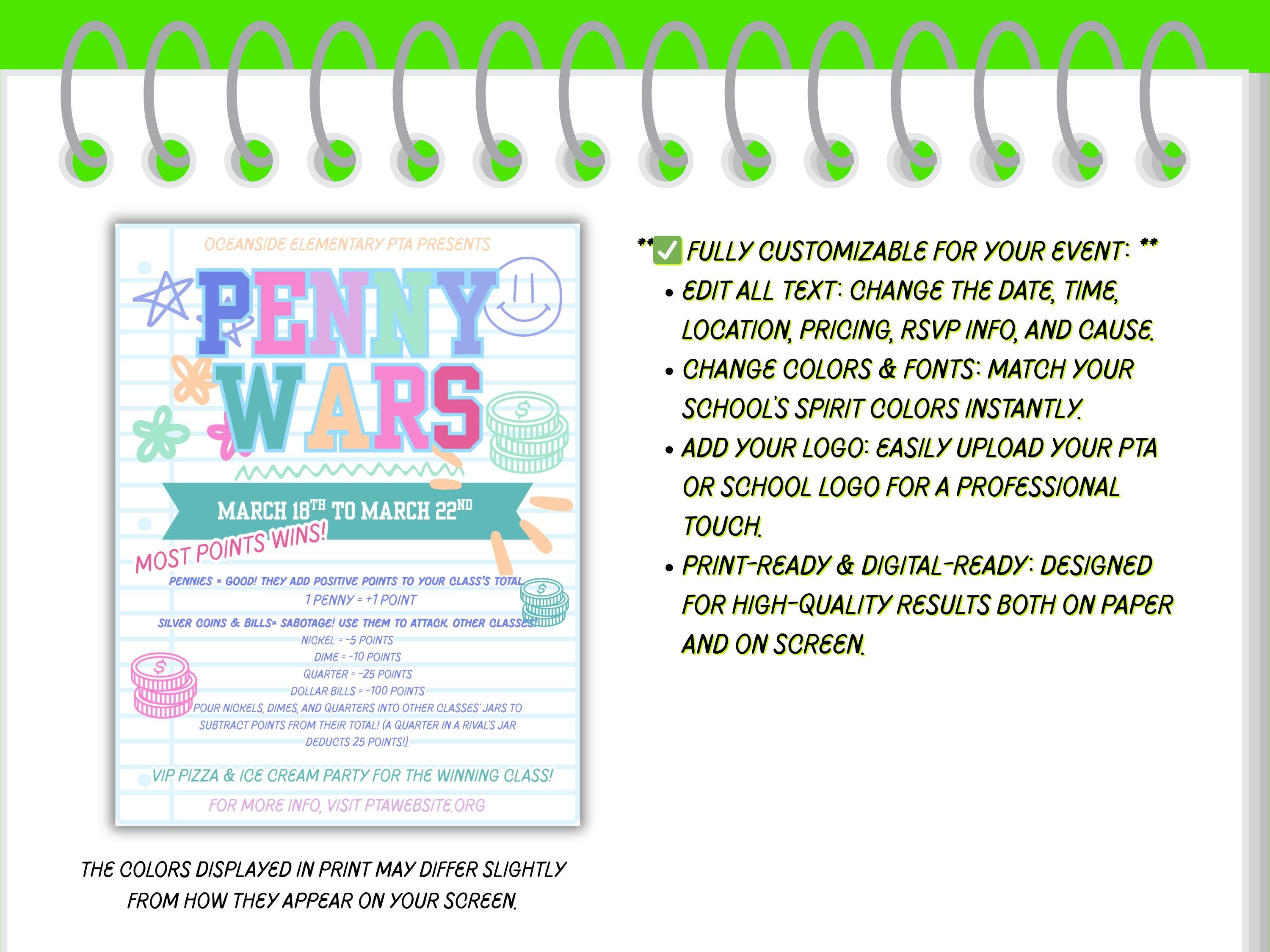 Penny Wars Flyer Template School Fundraiser Editable PTA PTO Canva ...