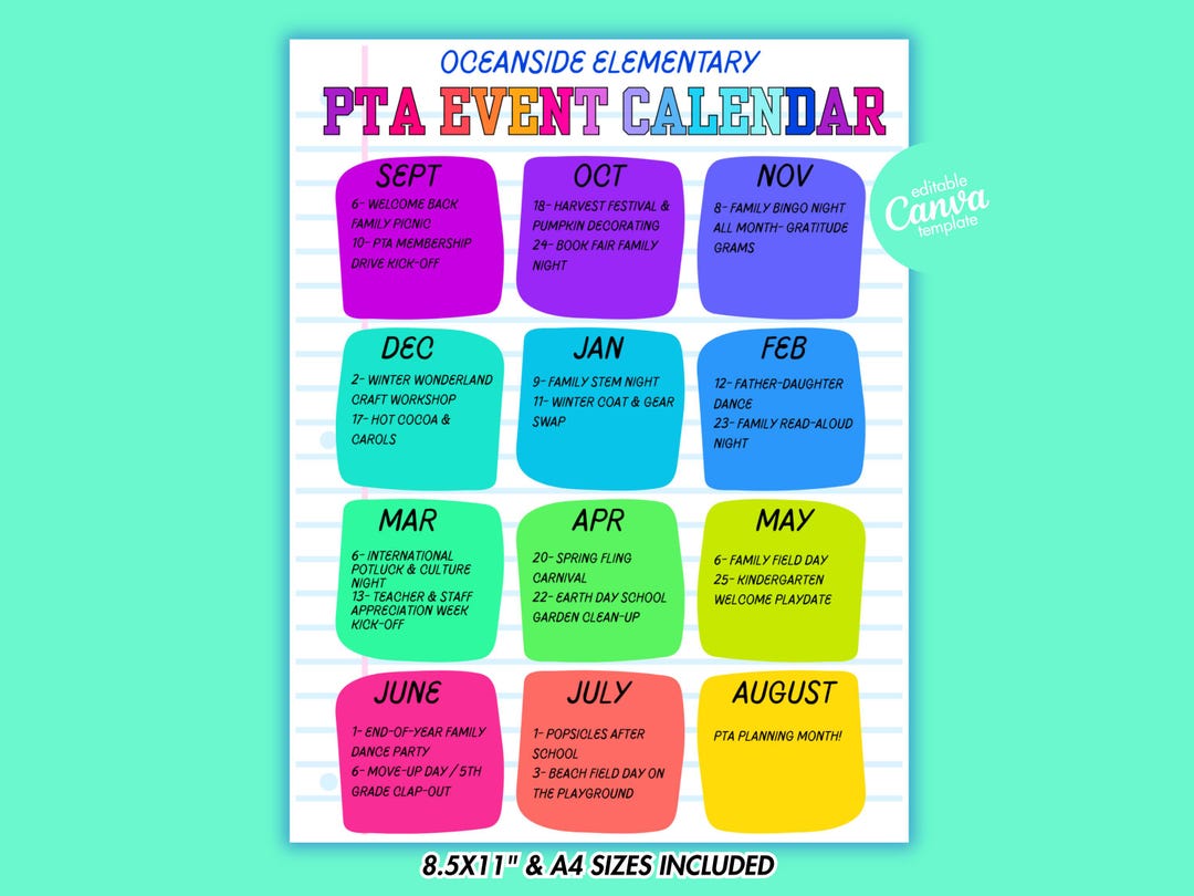 PTA Year Calendar Editable Canva Template School Event Planner PTO ...