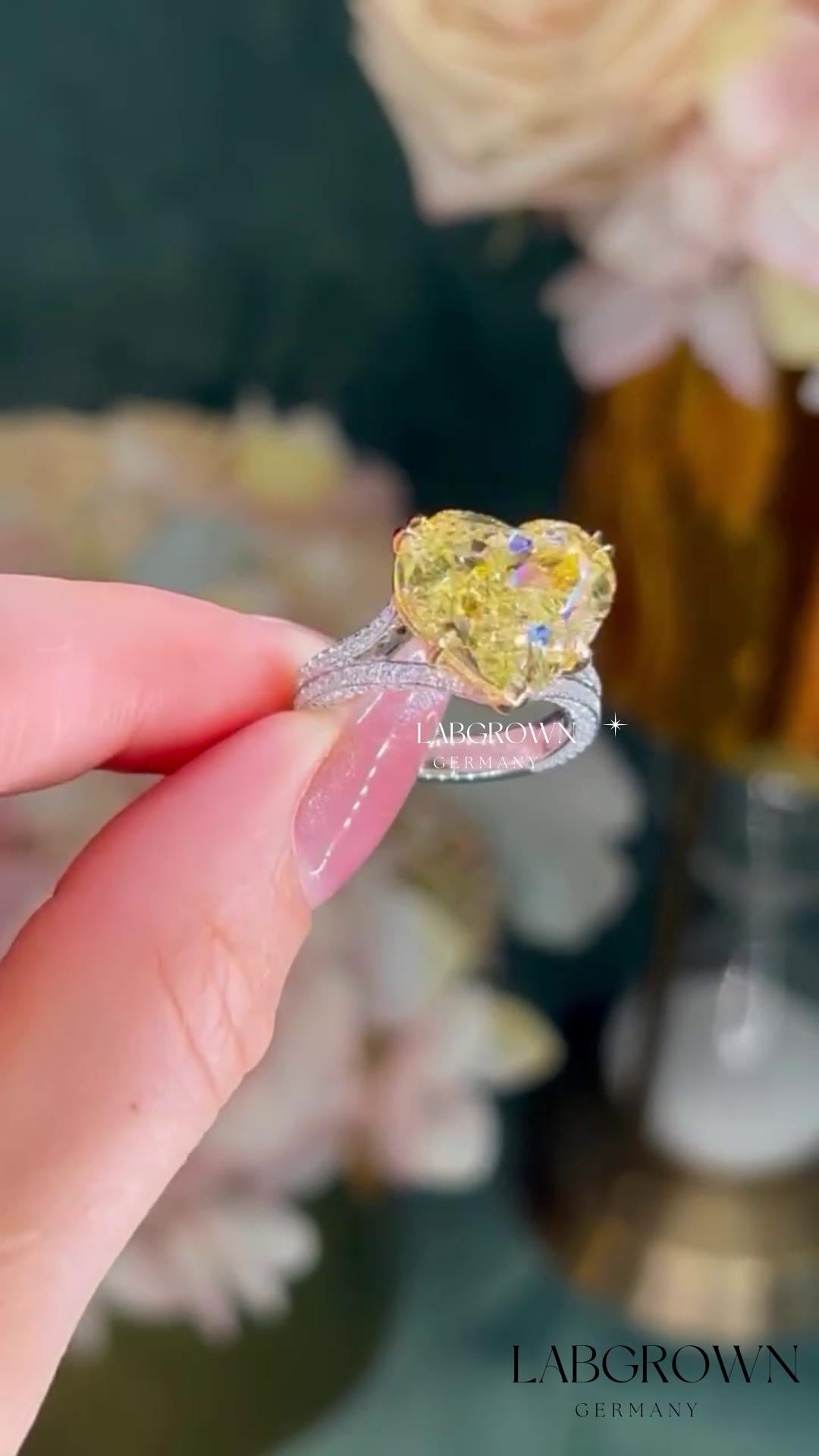 Yellow Heart Shaped Lab Grown Bridal Ring, Spilt Shank Three Side Pave ...