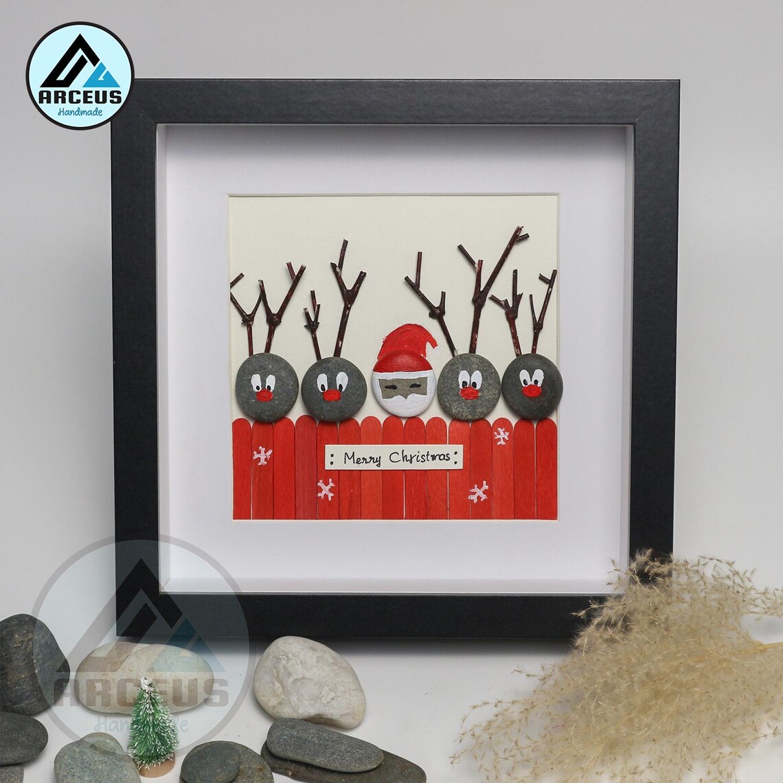 Christmas Reindeer and Santa Pebble Art, Handmade Christmas Decoration ...
