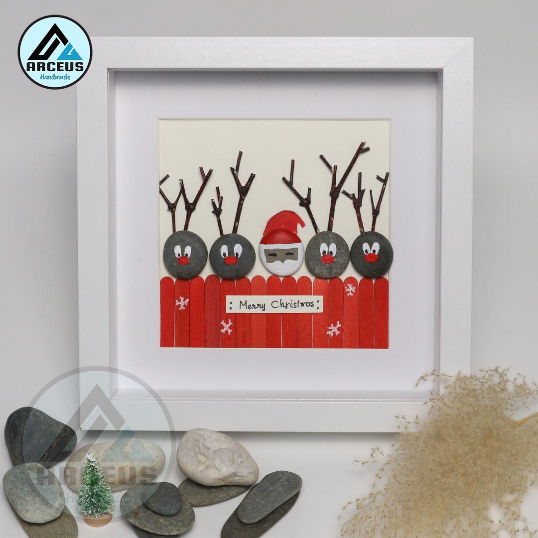 Christmas Reindeer and Santa Pebble Art, Reindeer Pebble Picture ...