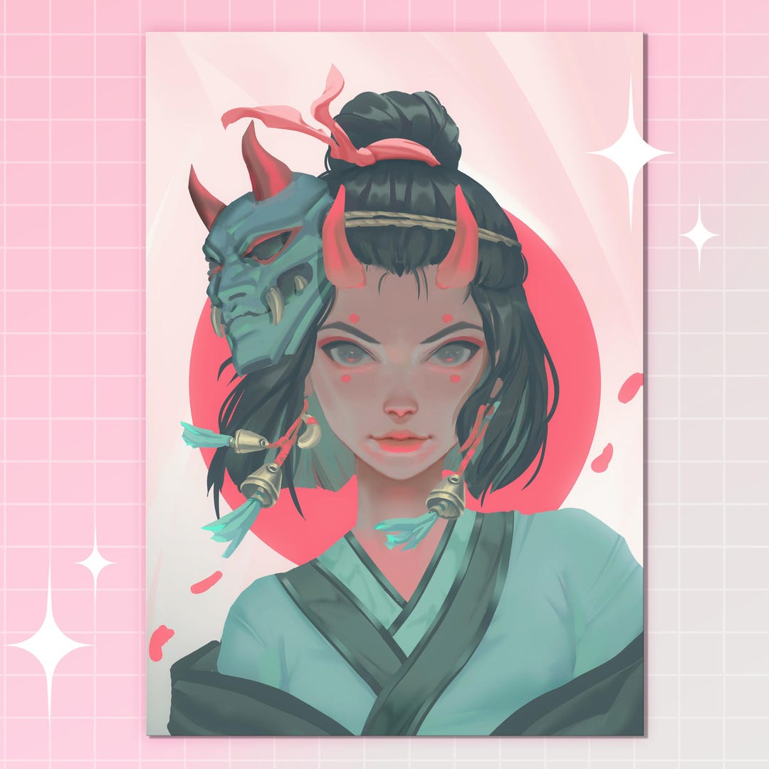 Fantasy Demon Elf Art Print | Cute Elf With Mask Illustration | Pastel ...