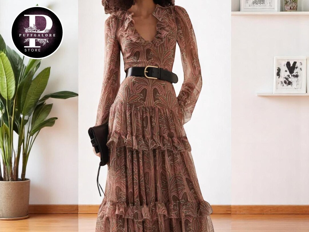 Boho Style Ruffle Dress | Sheer Long Sleeve Gown | Flowing Tiered ...