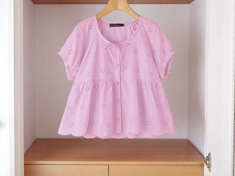 Floral Eyelet Button-up Blouse | Peplum Puff Sleeve Top | Lightweight ...