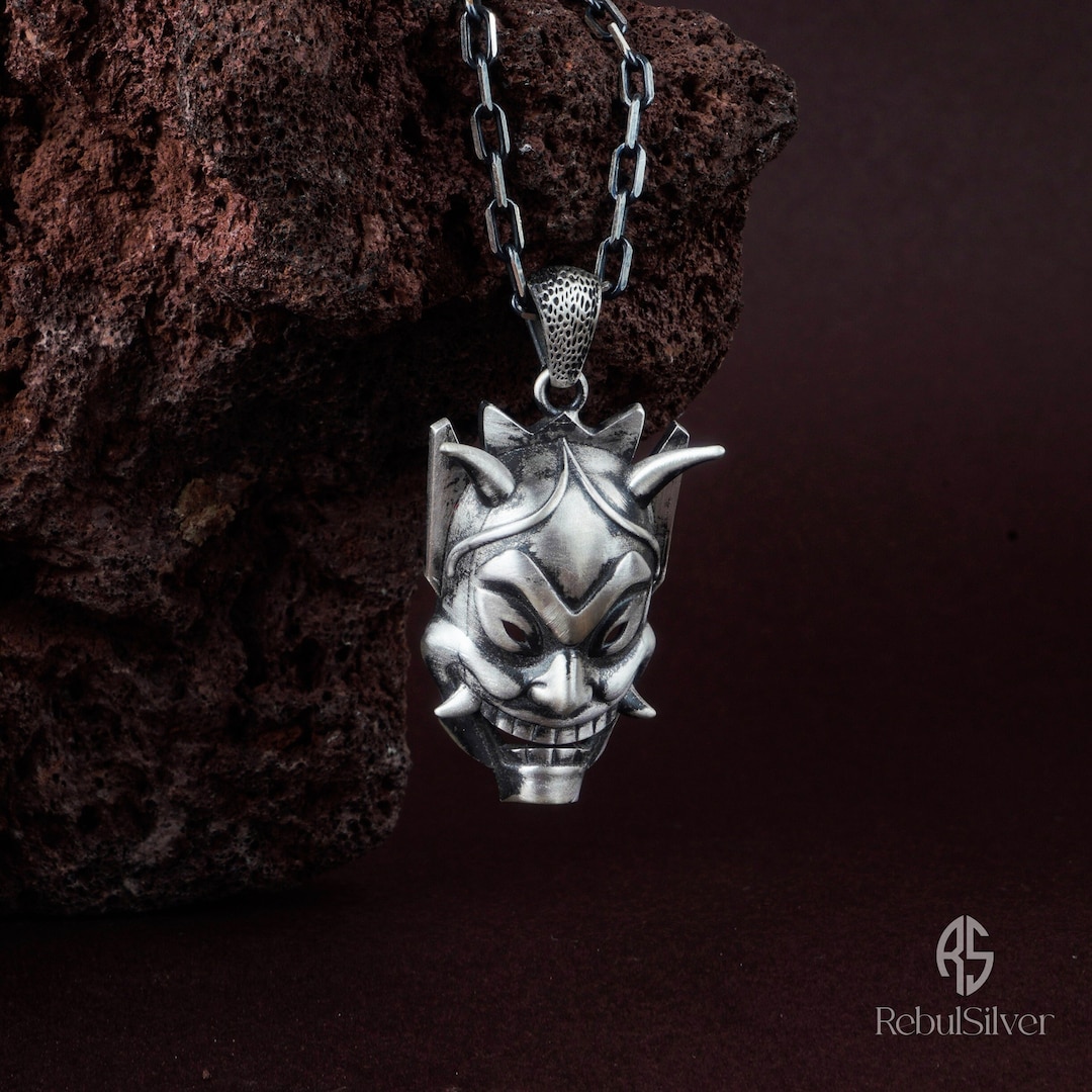 Silver Hannya Mask Necklace, Gothic Demon Pendant, Japanese Oni Mask ...