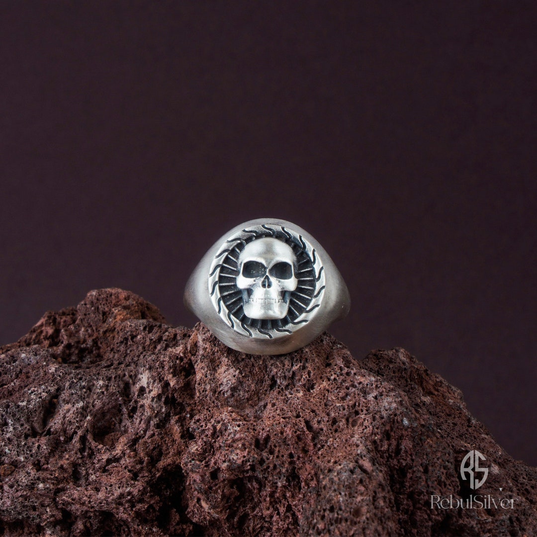 Men's Silver Skull Ring, Oxidized Biker Signet Ring, Sterling Silver ...