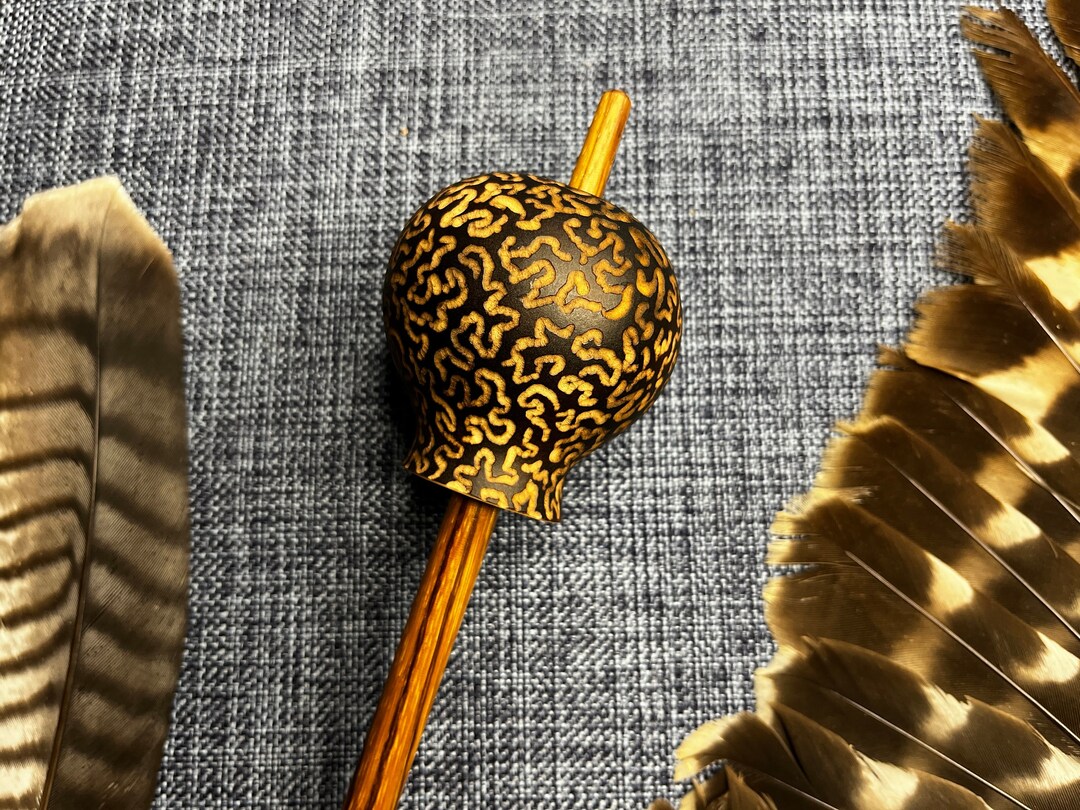 Peyote Gourd Rattle, Torched With Carved Design - 10 Inch Handle With 2 ...