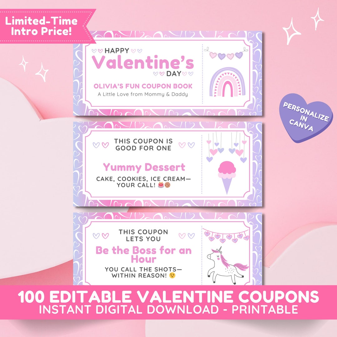 Editable Kids Valentine Coupon Book, Personalized Printable Love ...