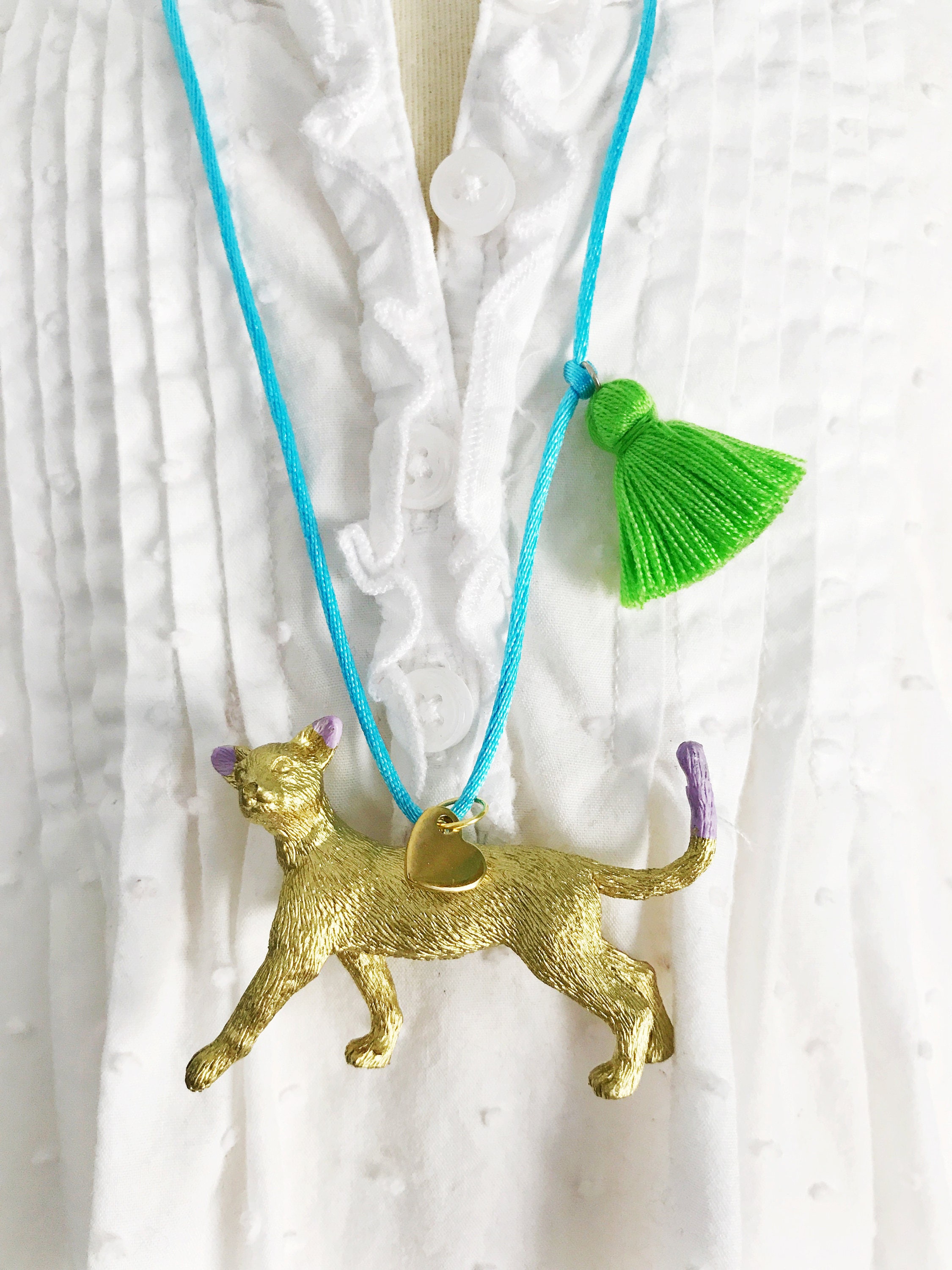 Kitty Cat Necklace in Gold with Heart Charm and Tassel for | Etsy