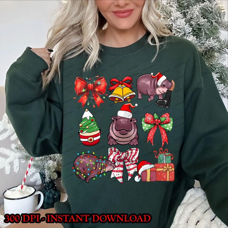 Coquette Bow Moo Deng Christmas Png, Funny Christmas Sublimation PNG ...