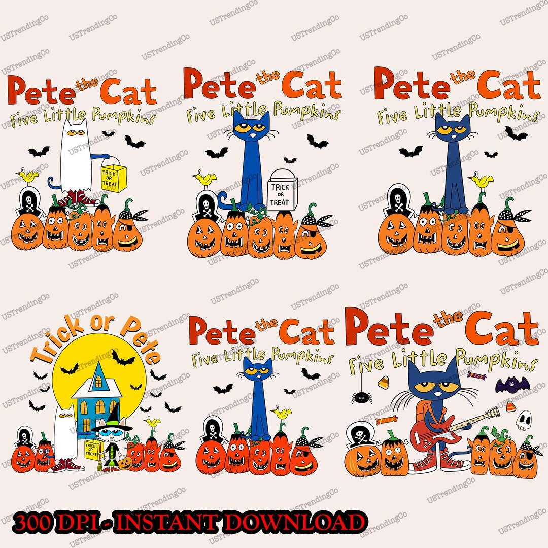 Pete the Cat Five Little Pumpkin Png Bundle, Pete Cat Halloween Png ...