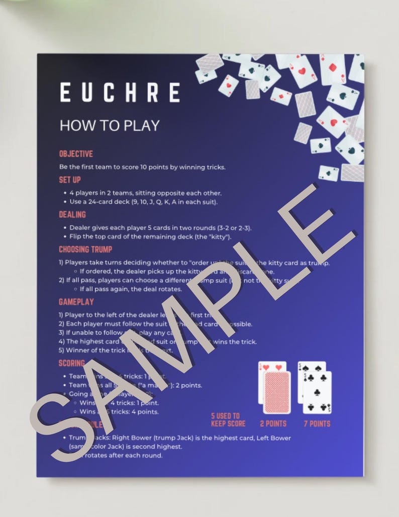 Euchre Rules Printable Guide - Simple Game Rules & Cheat Sheet - Digital Download for Beginners ...