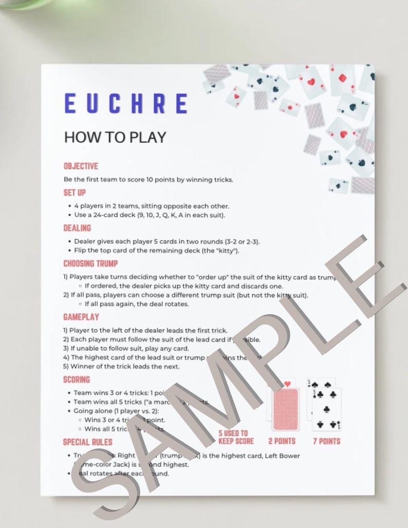 Euchre Rules Printable Guide - Simple Game Rules & Cheat Sheet - Digital Download for Beginners ...