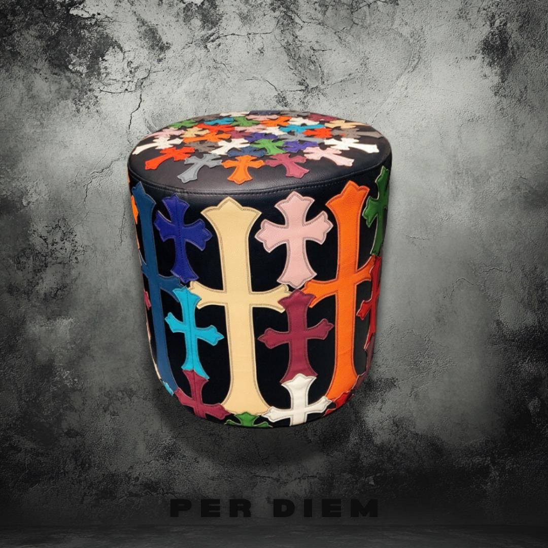 Genuine Leather Ottoman With Gothic Crosses – Handmade Multicolor Stool ...