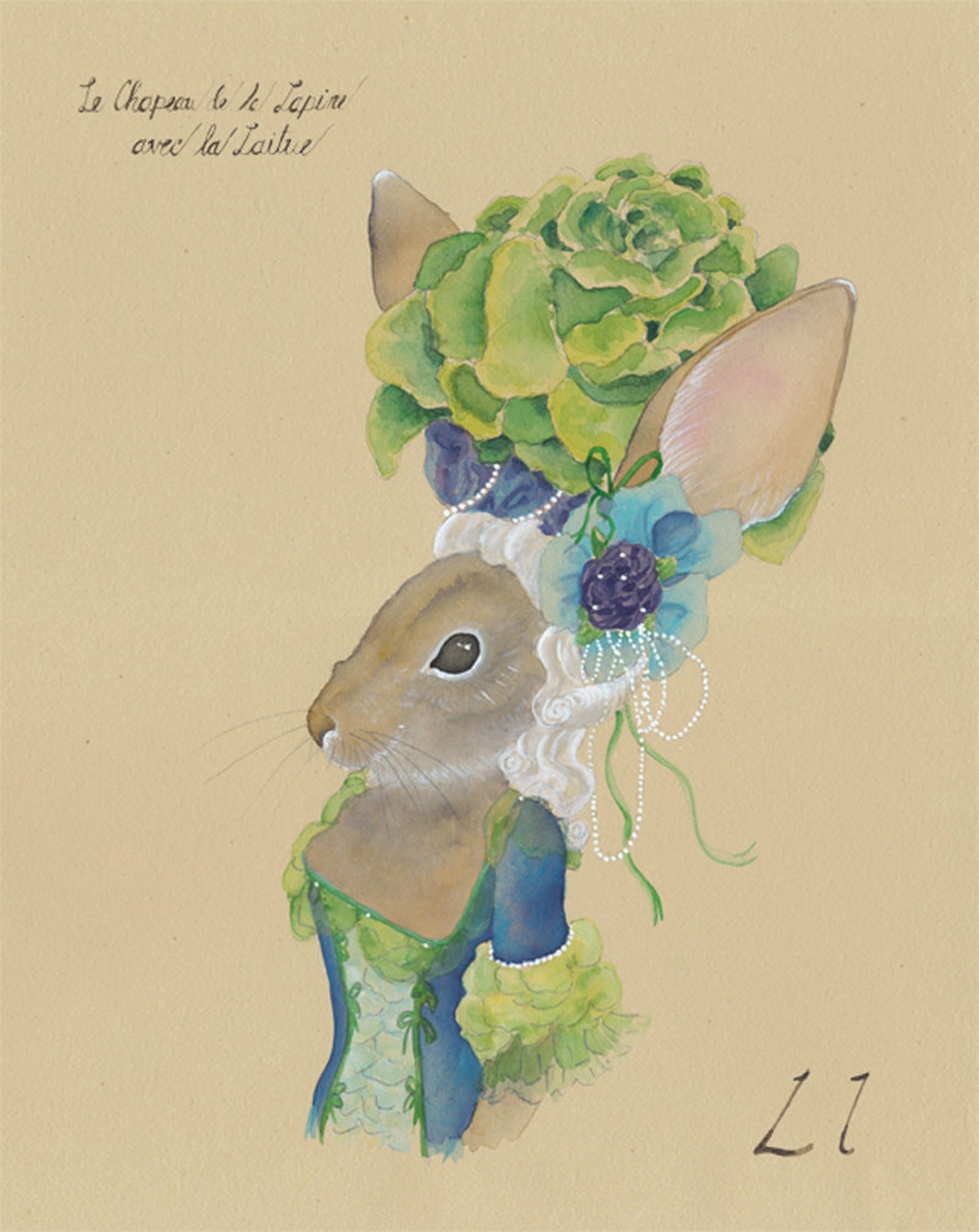 French Animal Alphabet Letter L Lapine Laitue Rabbit Lettuce Kitchen ...