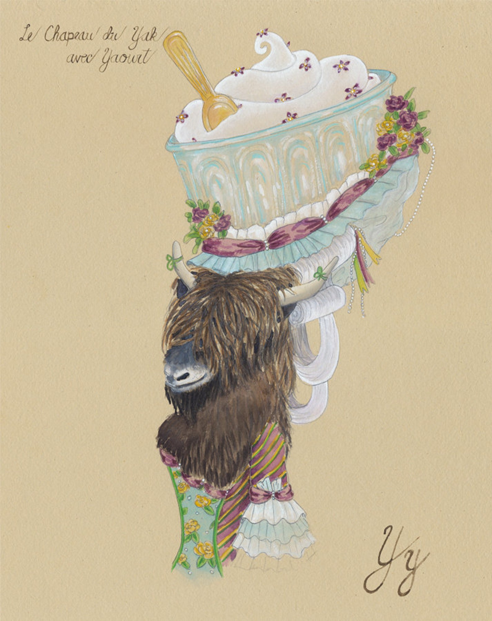 French Alphabet Art Letter Y is for Yak Yogurt Gift Whimsical Animal ...
