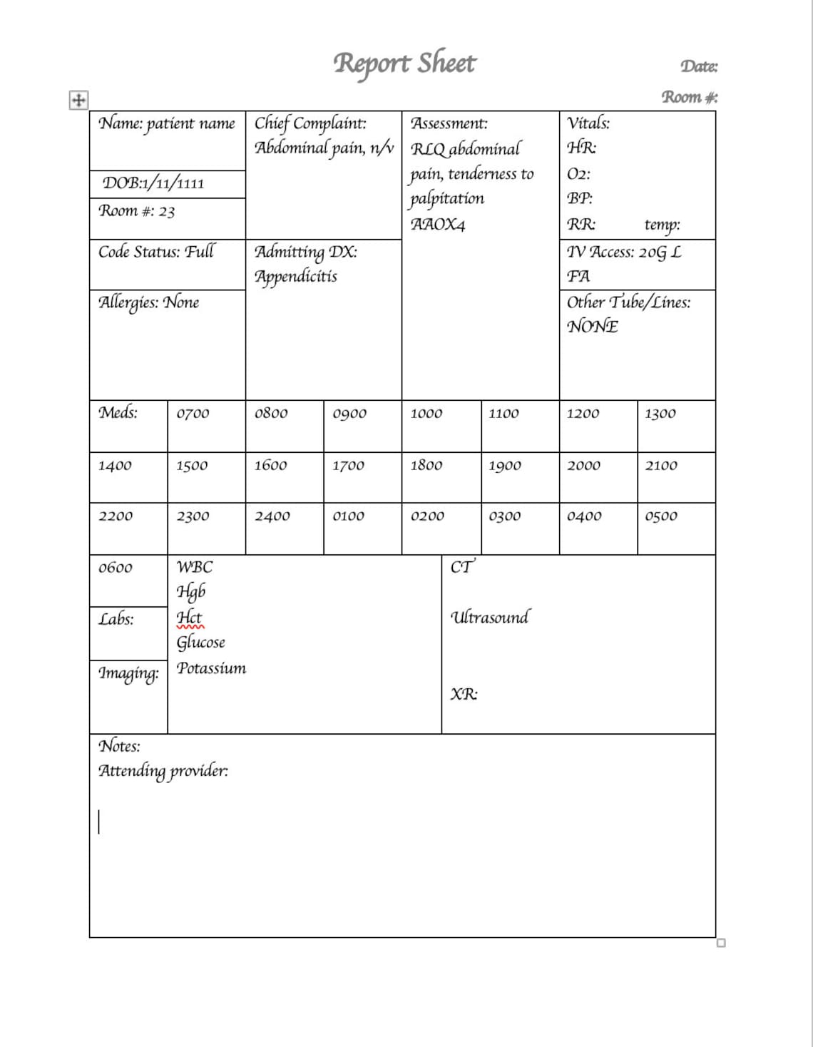 Nursing Report Sheet/ Nursing Brain/ ER Report Sheet/sbar Hand off ...