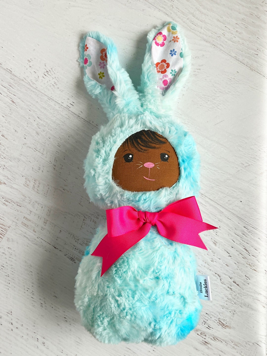 Soft Bunny Rabbit Plush Toy With Floral Ears and Pink Bow Black Doll - Etsy