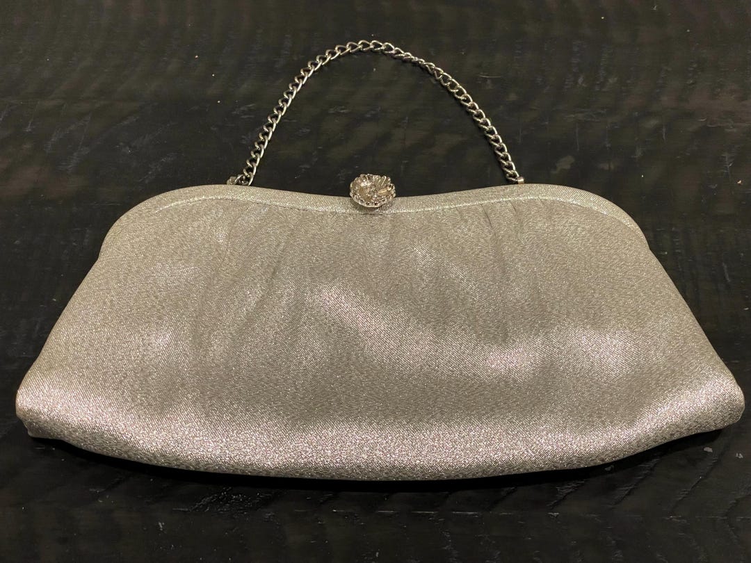 Vintage Silver Metallic Clutch Purse With Metal Flower Clasp and Silver ...