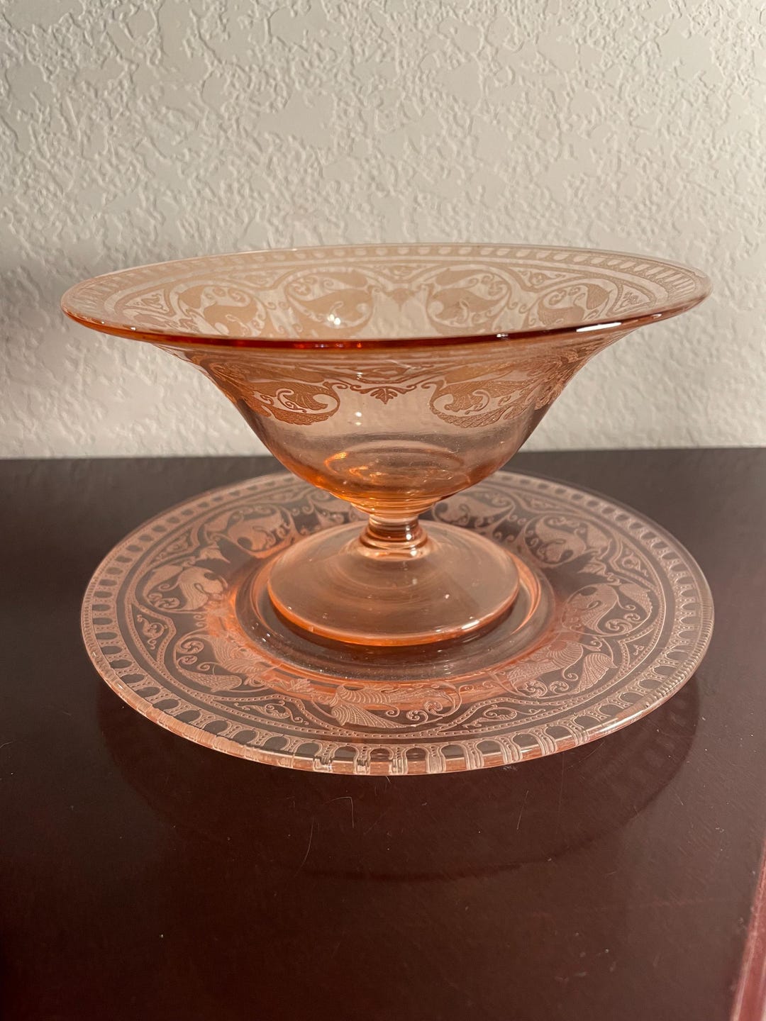 Cambridge Etched Pink Depression Glass Compote With Plate, Compote is 6 ...