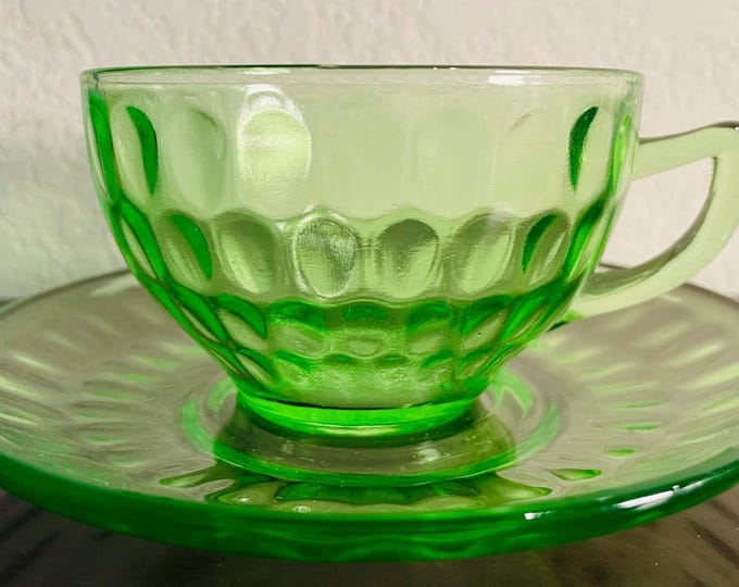 Uranium Glass, Federal Glass Uranium Cup and Saucer With Thumbprint ...