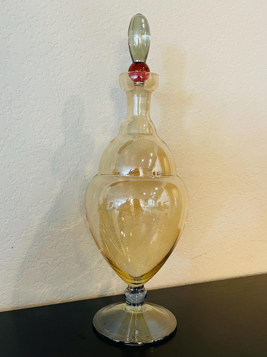Vintage Iridescent Amber Glass Decanter With Blue Base and Blue and Red ...
