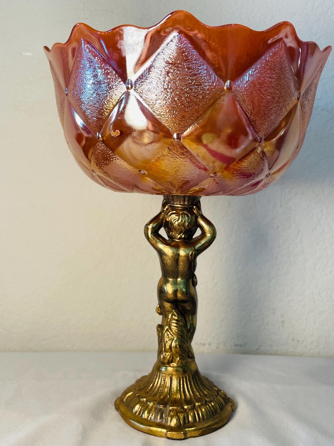 Brass Cherub Stand Compote, Candy Dish With Quilted Pattern and ...