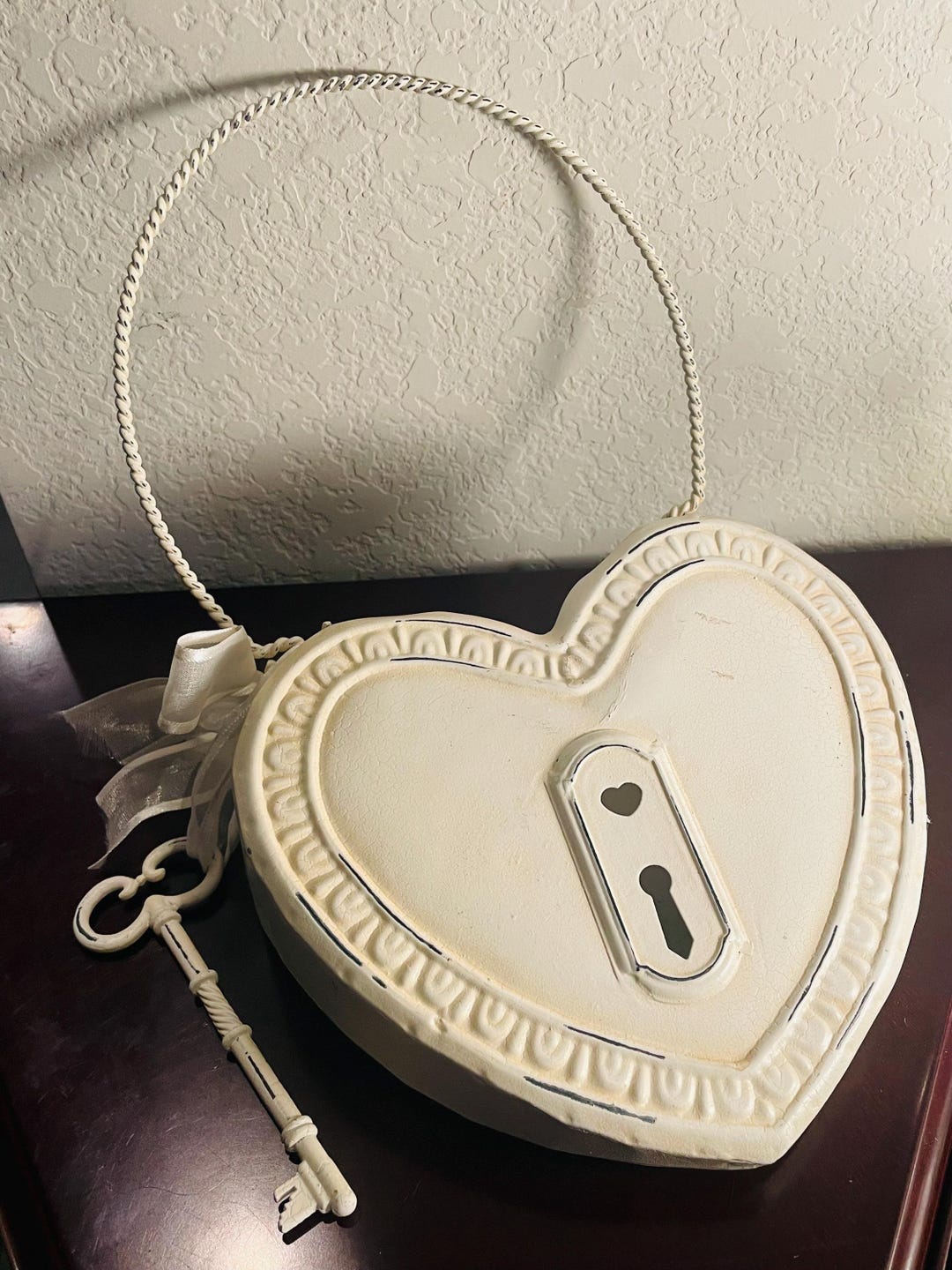 Metal Heart Wall Hanging Locket With Key, Painted White, 12” Total ...