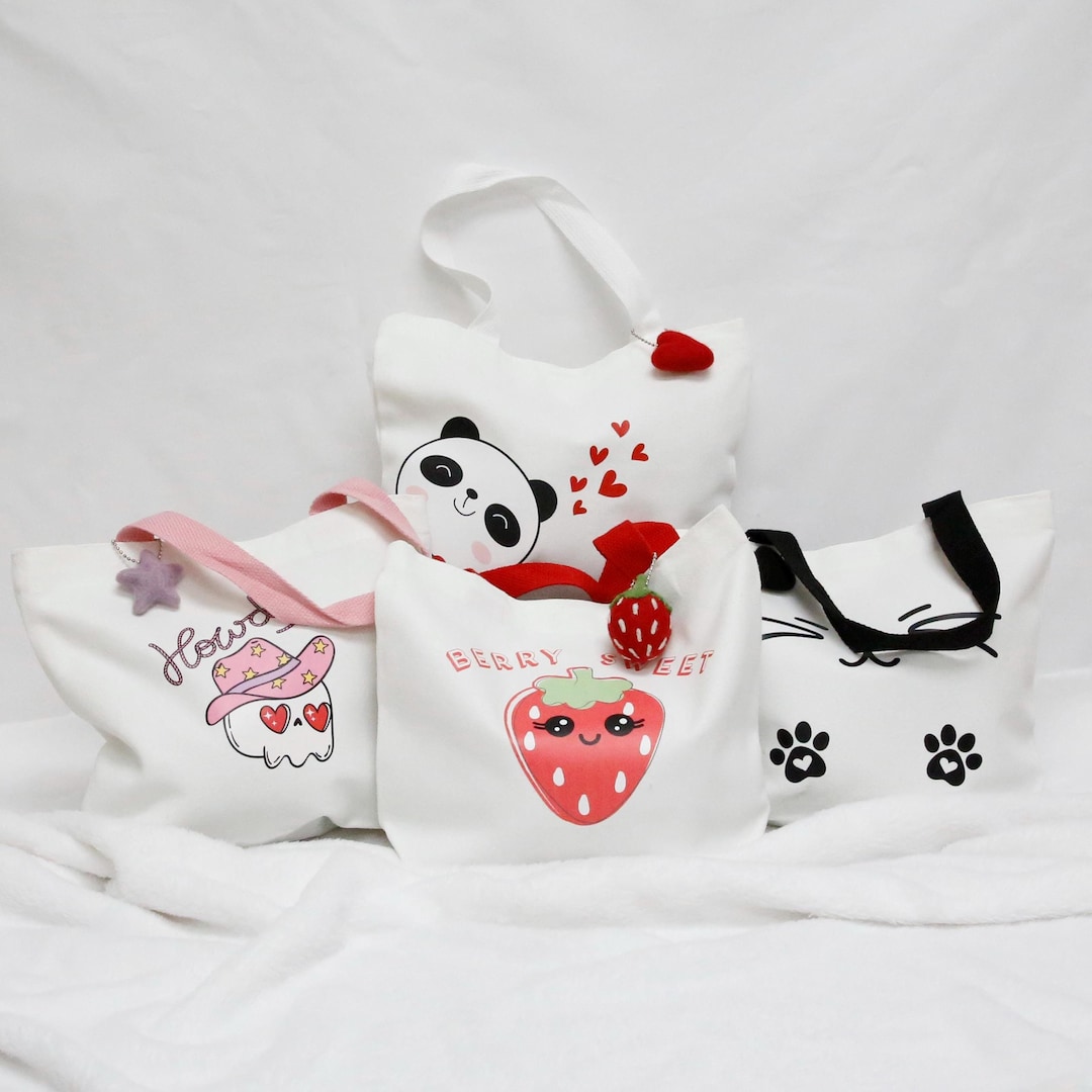 Mini Cute Panda Cat Strawberry Cowboy Skull Canvas Totes W/ Button With ...