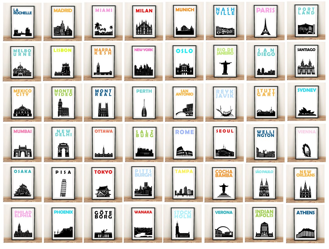 City Prints: Set of 6 Prints, Travel Memories, City Skylines, City ...