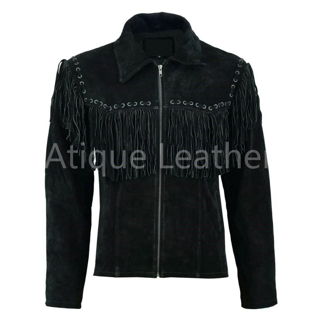 Mens Native American Cowboy Buckskin Leather Jacket With Fringes ...