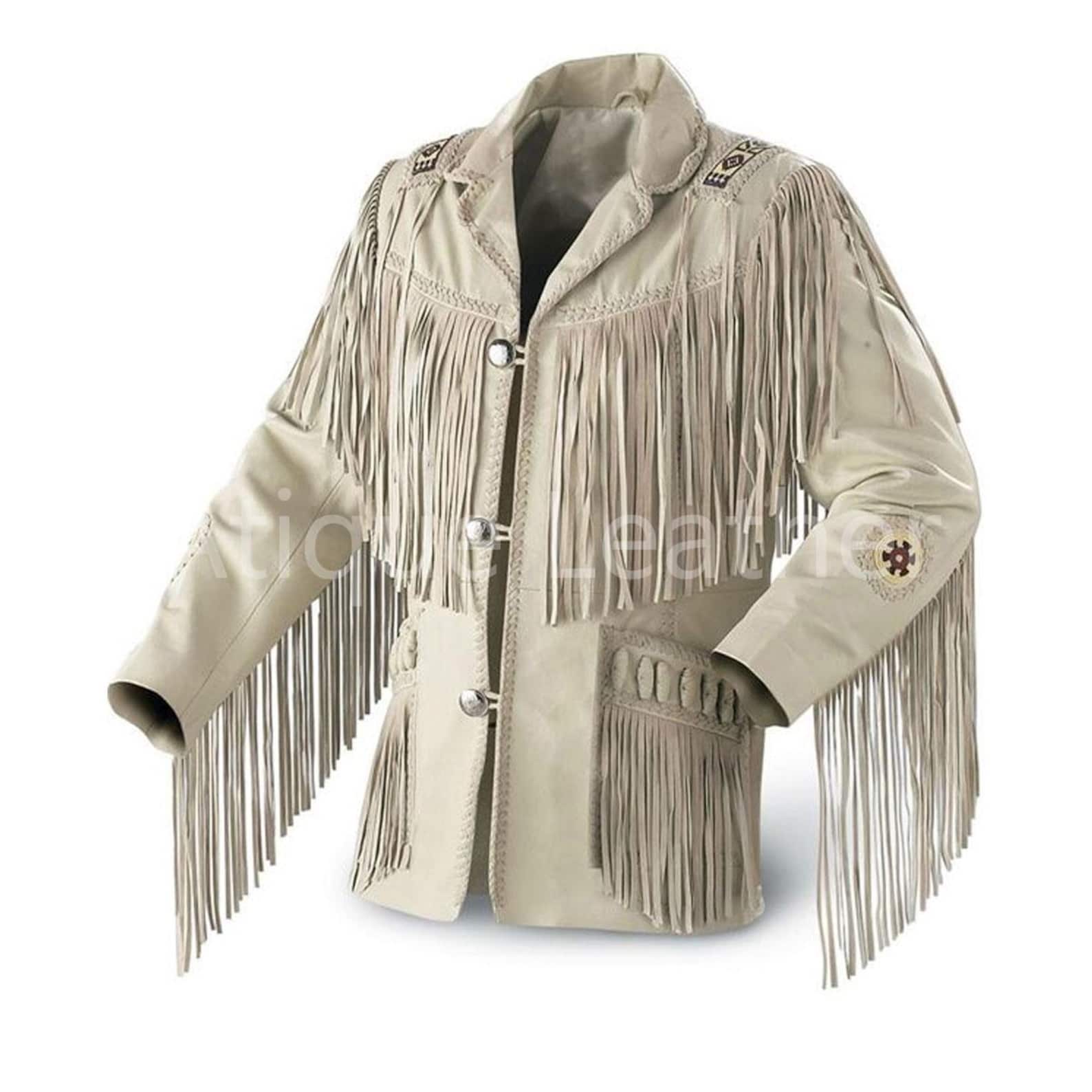 Men’s Native American Cowboy Buckskin Leather Jacket With Fringes ...