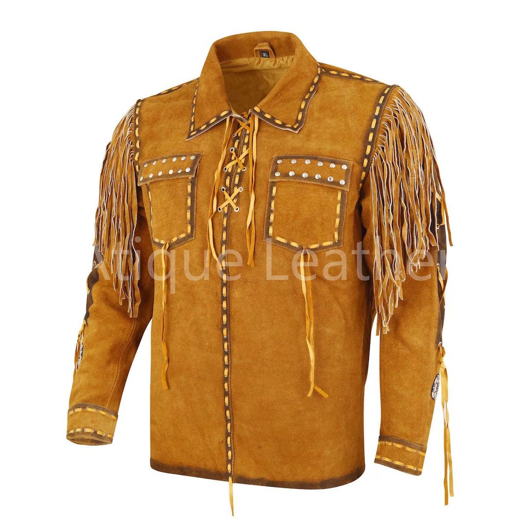 Men’s Native American Cowboy Buckskin Leather Jacket With Fringes ...