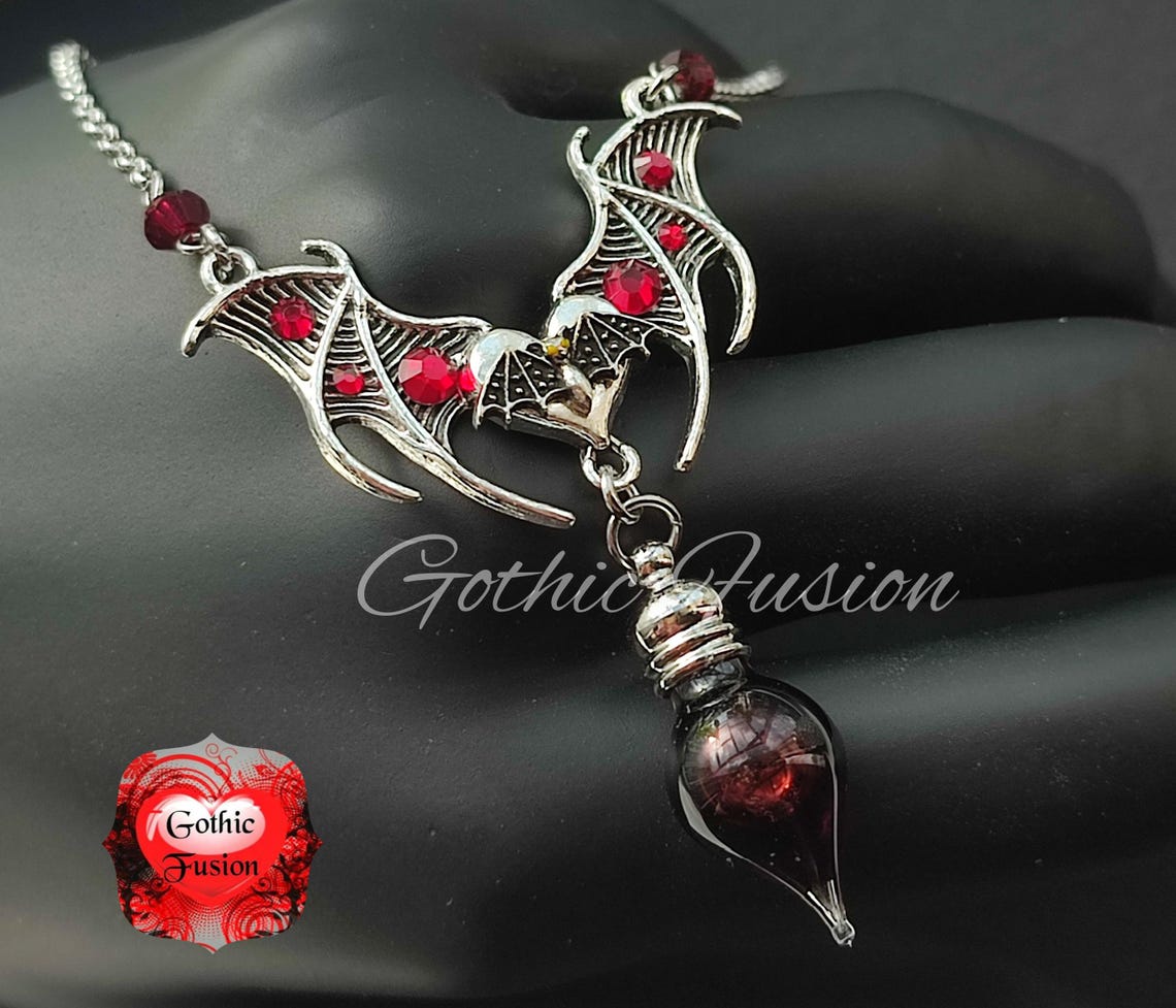Gothic Vampire Bat Blood Vial Necklace, Crystal Open Wing Gothic Bat ...