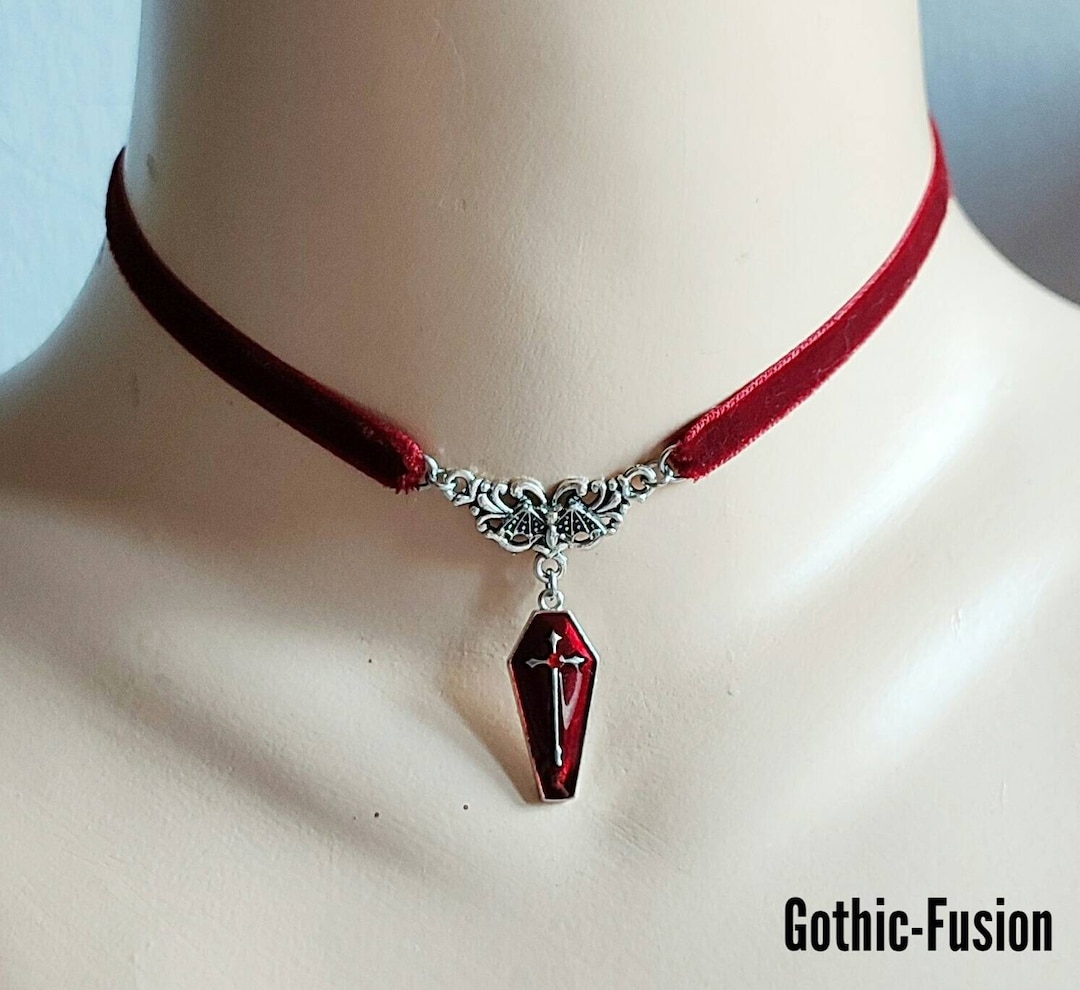 Red Velvet Gothic Choker: Coffin Bat Necklace, Filigree Victorian ...