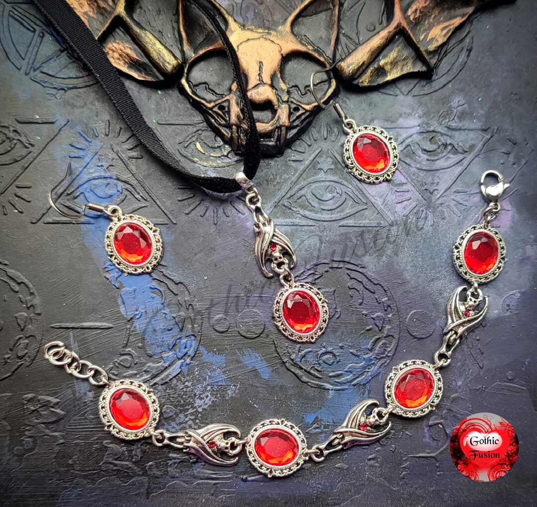 Gothic Vampire Bat Black Velvet Choker Earrings Bracelet Red Set ...