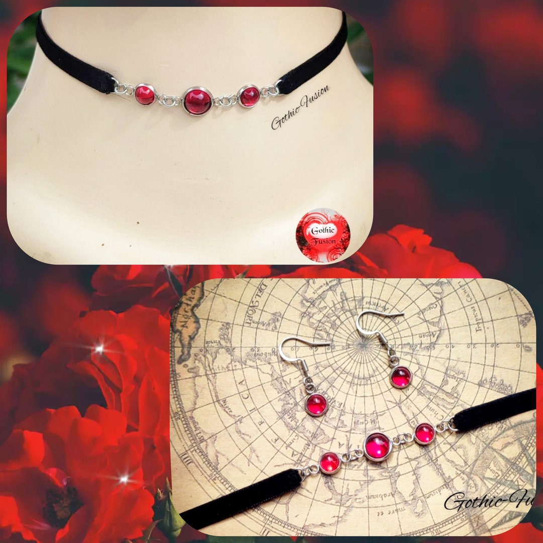 Black Velvet Vampire Bride Gothic Choker and Earrings Ruby - Etsy