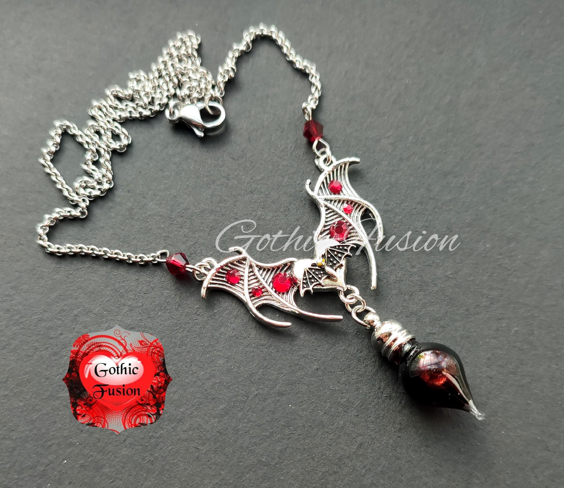 Gothic Vampire Bat Blood Vial Necklace, Crystal Open Wing Gothic Bat ...