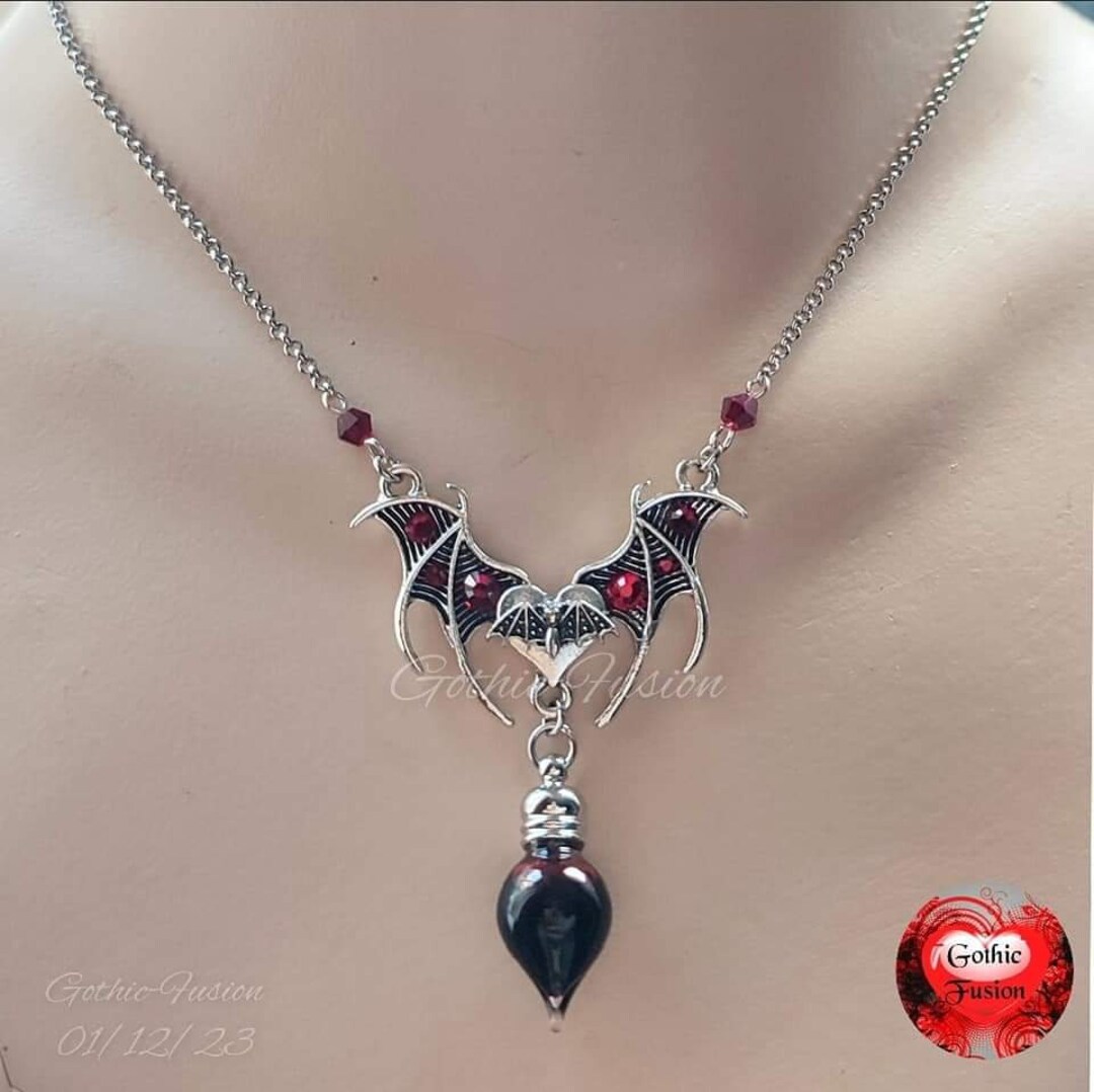 Gothic Vampire Bat Blood Vial Necklace, Crystal Open Wing Gothic Bat ...
