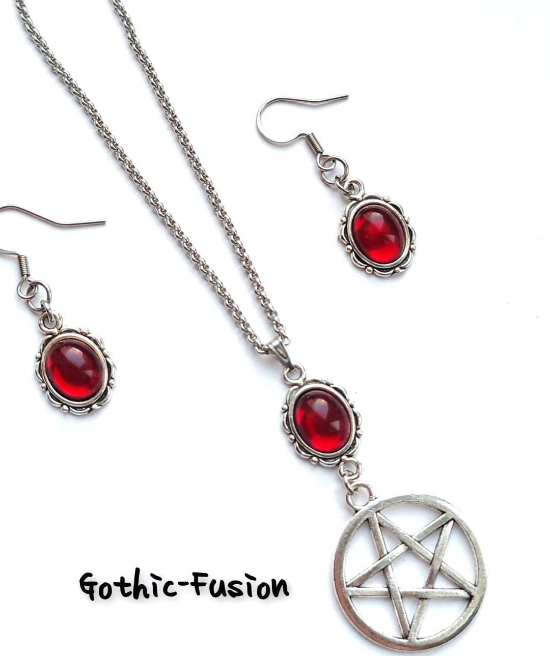 Ruby Red Crystal Pentacle Necklace & Earrings: Wicca Pagan Jewelry - Etsy