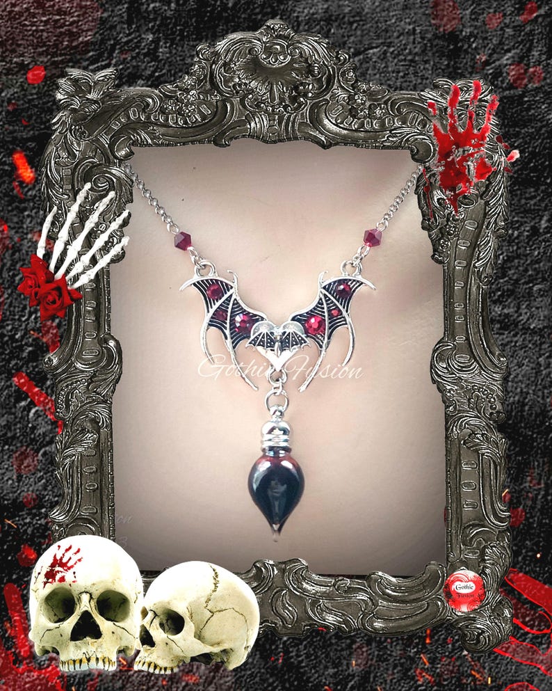 Gothic Vampire Bat Blood Vial Necklace, Crystal Open Wing Gothic Bat ...