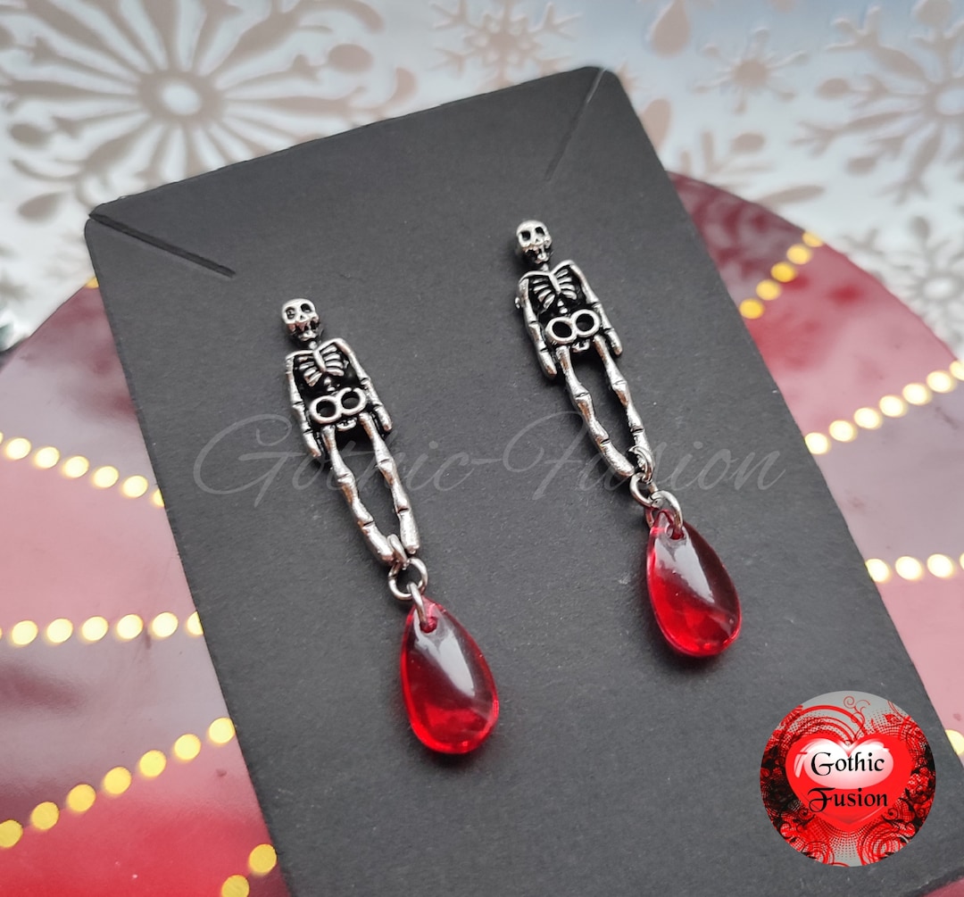 Gothic Skeleton Skull Blood Stud Earrings, Red Earrings, Gothic Stud ...