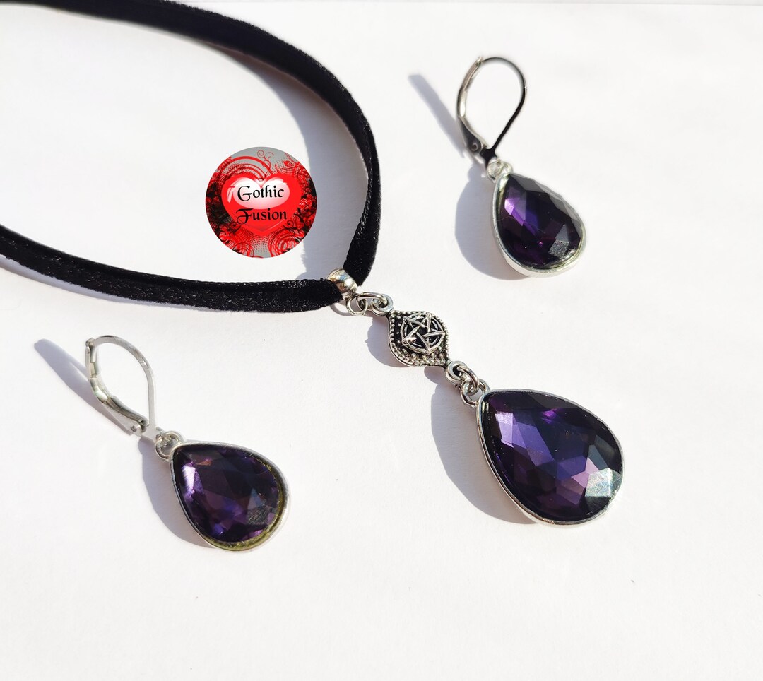 Gothic Black Velvet Choker & Earrings: Purple Pentacle Pendant, Vampire ...