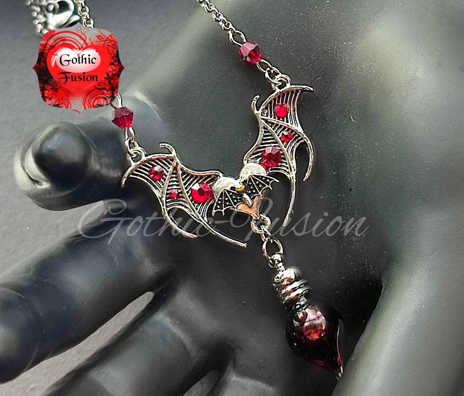 Gothic Vampire Bat Blood Vial Necklace, Crystal Open Wing Gothic Bat ...