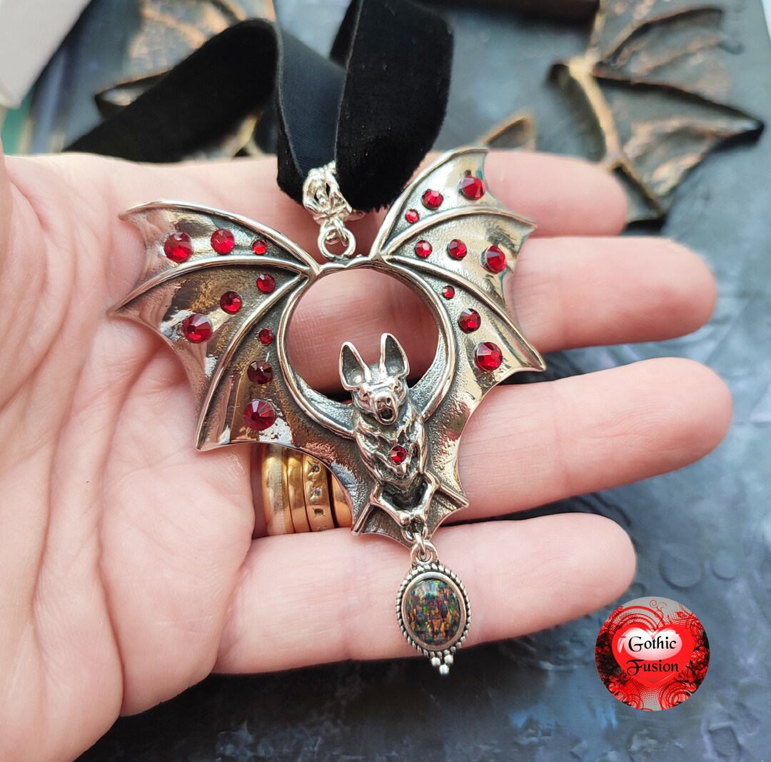 Crystal Bat Statement Black Velvet Choker, Crushed Opal Bat Necklace ...