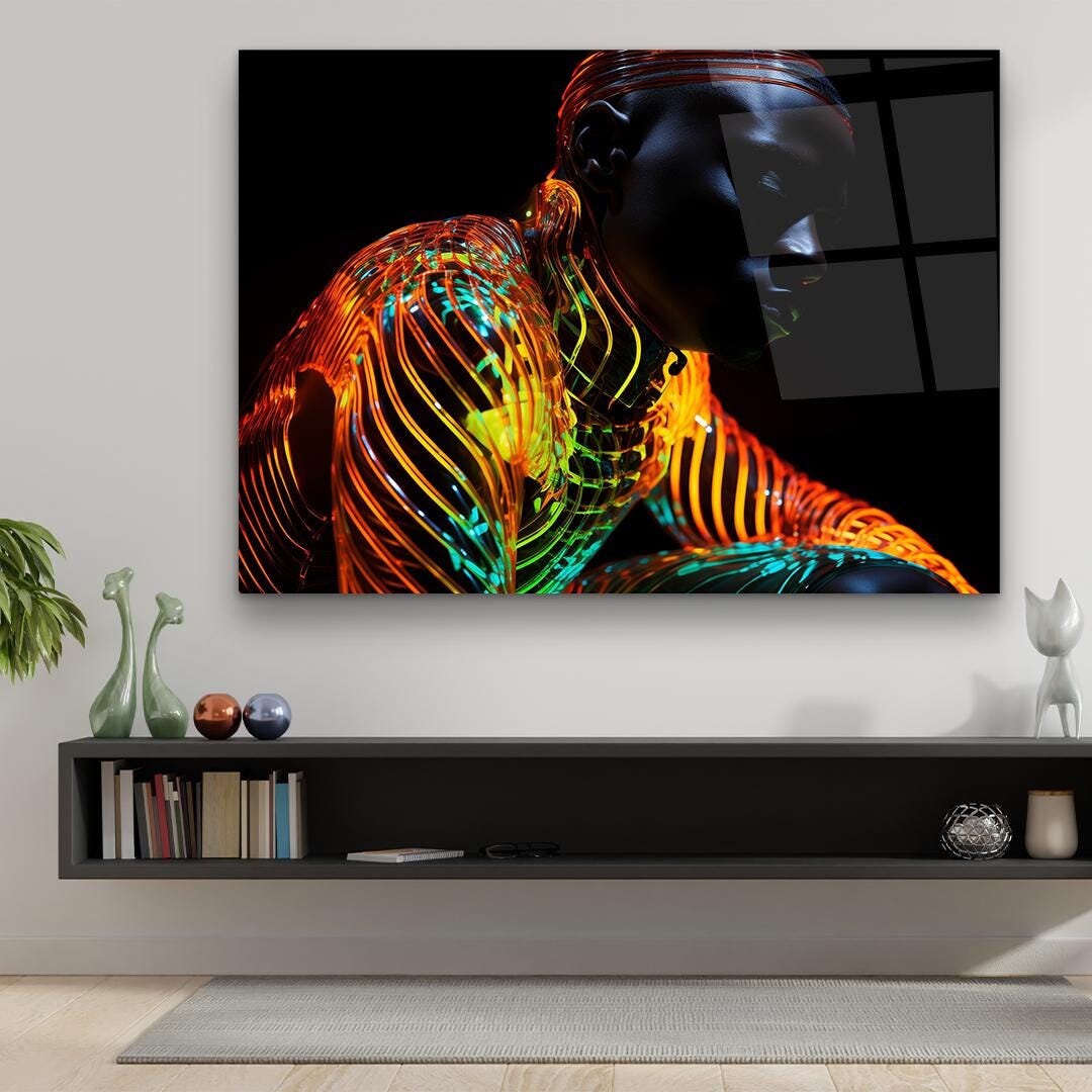 Man and Digital Art Horizontal Glass Wall Art, Modern Tempered Glass ...