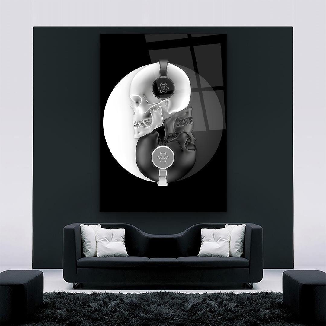 Black and White Skull Vertical Glass Wall Art, Gothic Tempered Glass ...