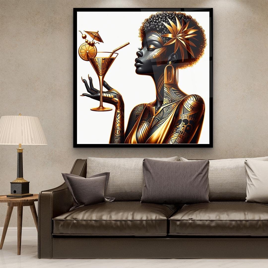 Modern Black Woman Square Glass Wall Art, Abstract Tempered Glass ...